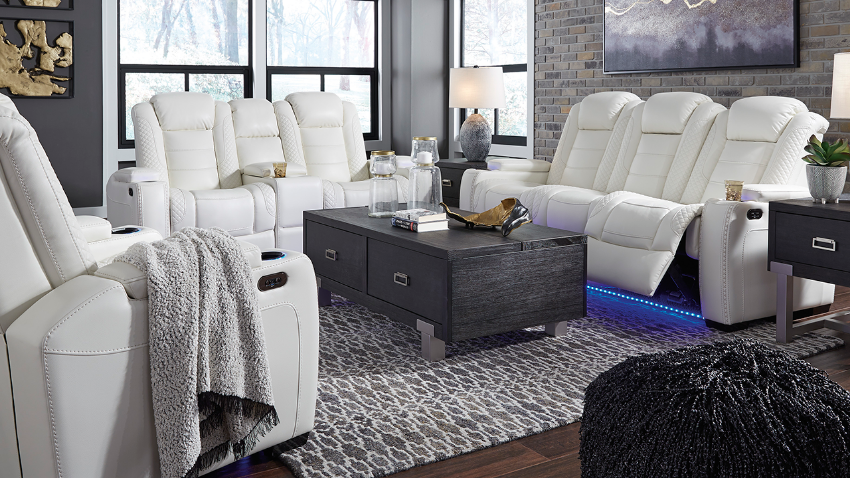Party Time POWER Reclining Sofa Set - White | Home Furniture Plus ...